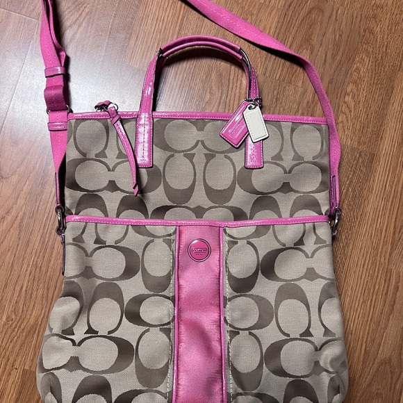 Coach | Bags | Coach Pink And Brown Signature Fold Over Tote | Poshmark